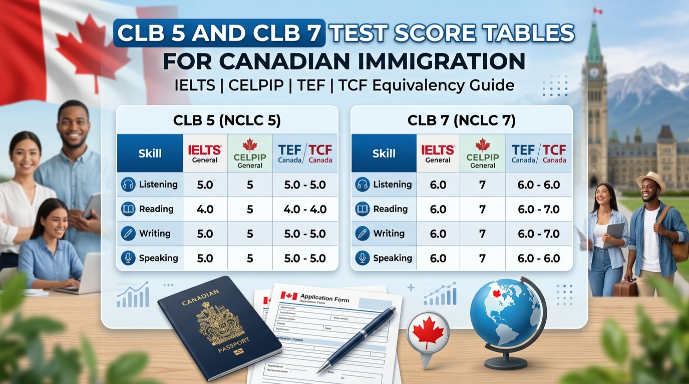 CLB 5 and CLB 7 Test Score Tables for Canadian Immigration